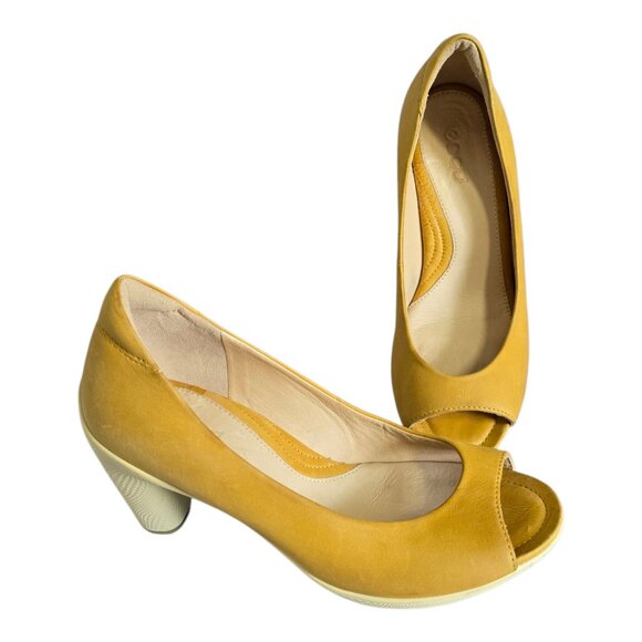 Ecco | Shoes | Ecco Mustard Yellow Open Toe Comfort Heels Pumps Women ...